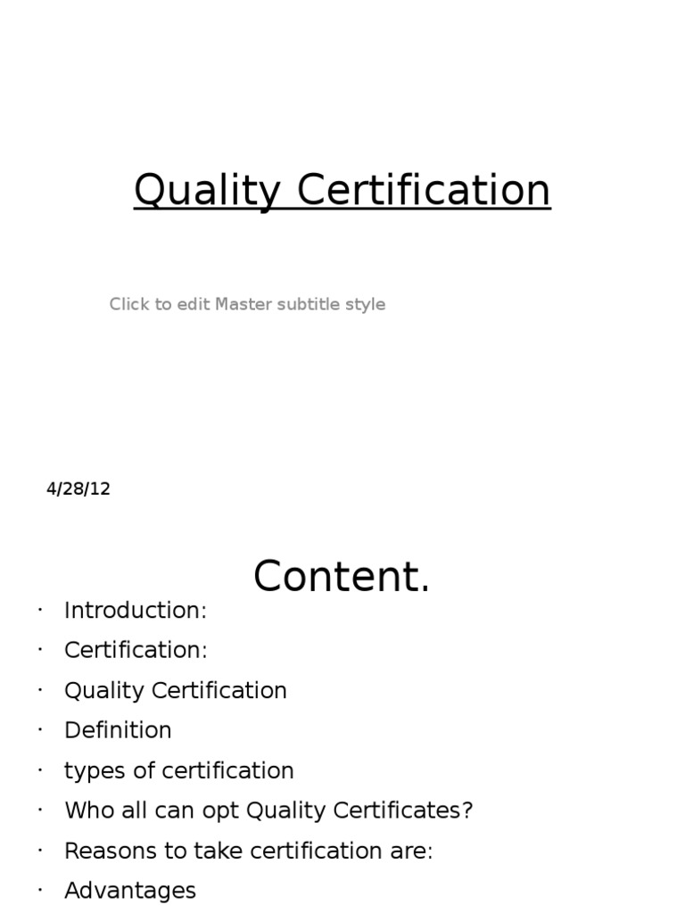Quality Certification: Click To Edit Master Subtitle Style | PDF | Iso 9000 | Audit