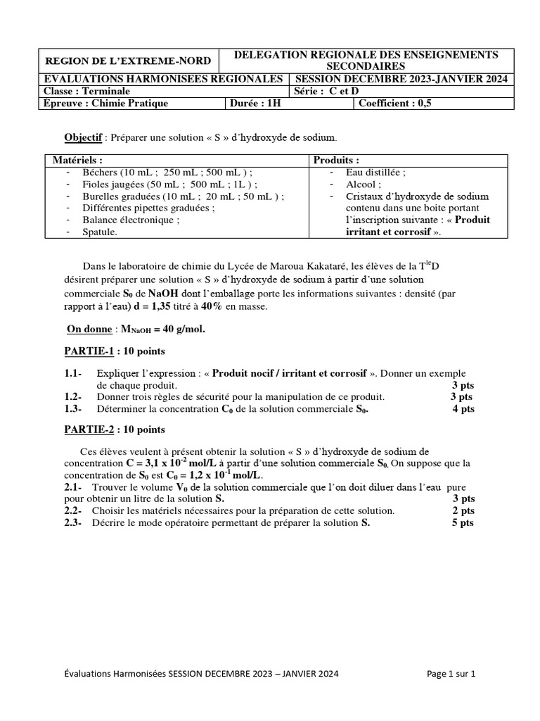 Epreuve CHIMIE PRATIQUE Tle C-D JANV 2024 | PDF