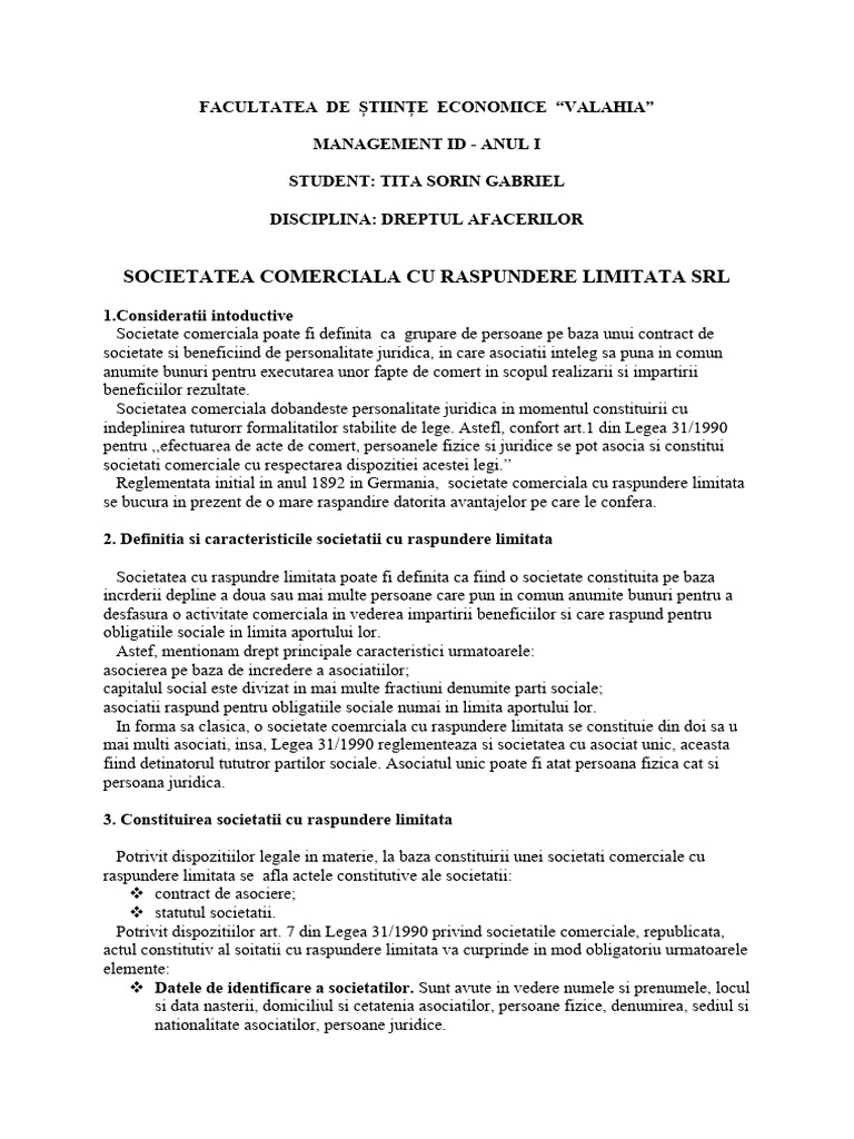 Societatea Comerciala Cu Raspundere Limitata SRL | PDF