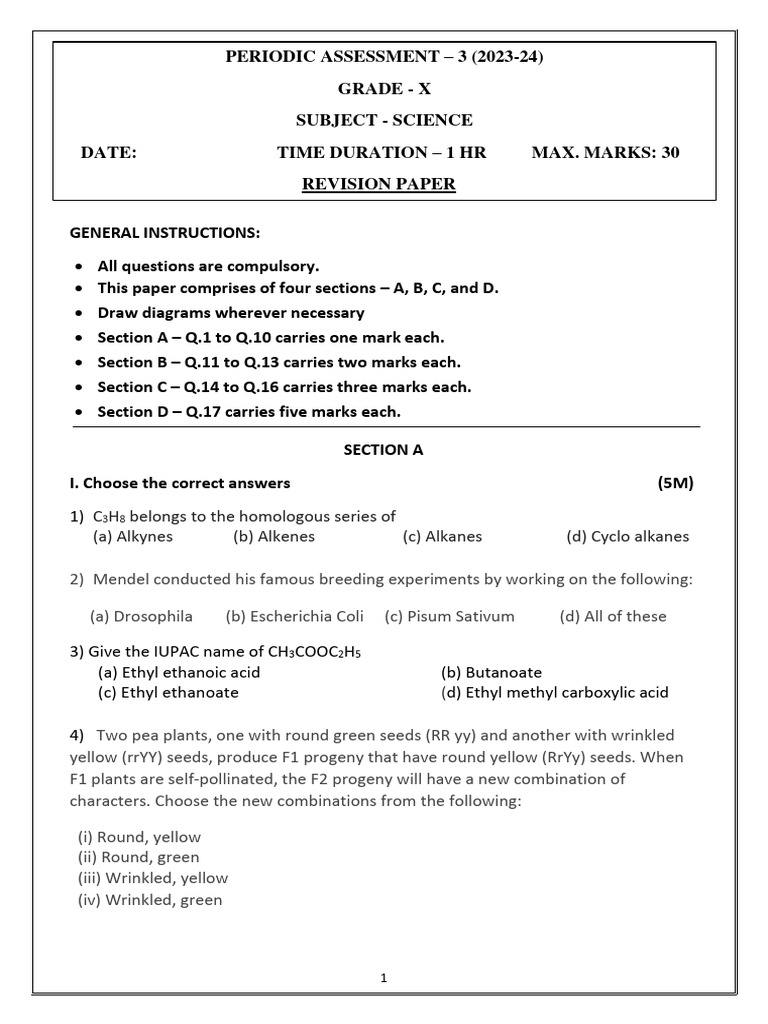 Sci_Gr.10 PA3 Rev. QP (2023-24) | PDF