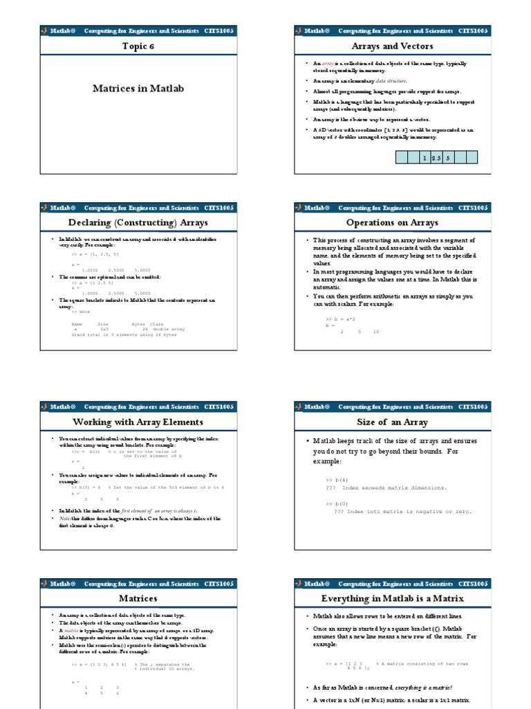 Matrices in Matlab: Topic 6 Arrays and Vectors | PDF | Matrix ...