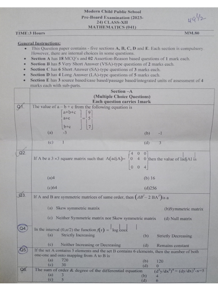 Preboards Maths 12th Government | PDF