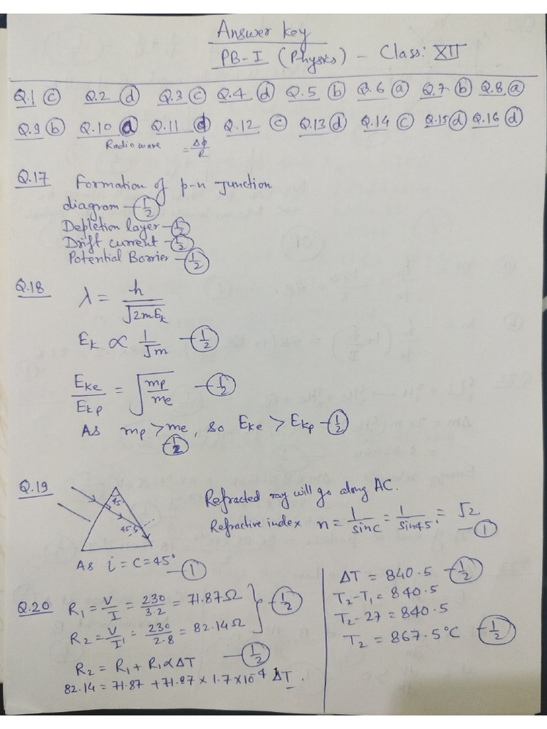 PB 1 ANSWER KEY PHYSICS 12th | PDF