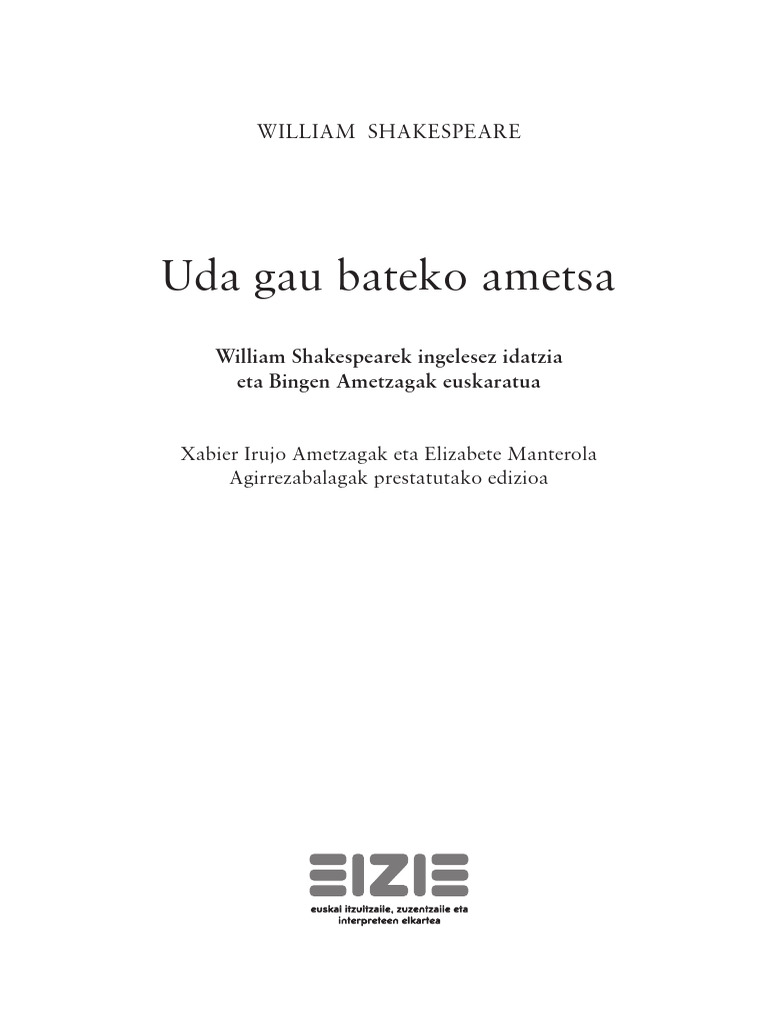 Uda Gau Bateko Ametsa William Shakespearek Ingelesez Idatzia Eta Bingen ...