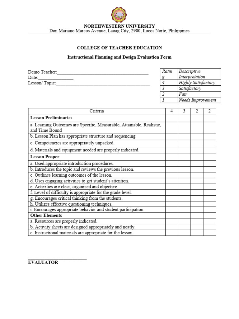 Evaluation Form - Lesson Plan | PDF