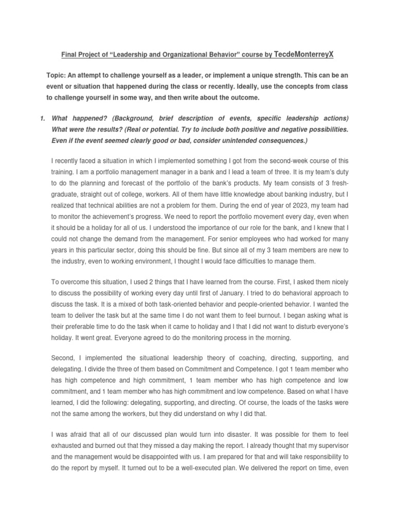 Final Project - Leadership and Organizational Behavior | PDF