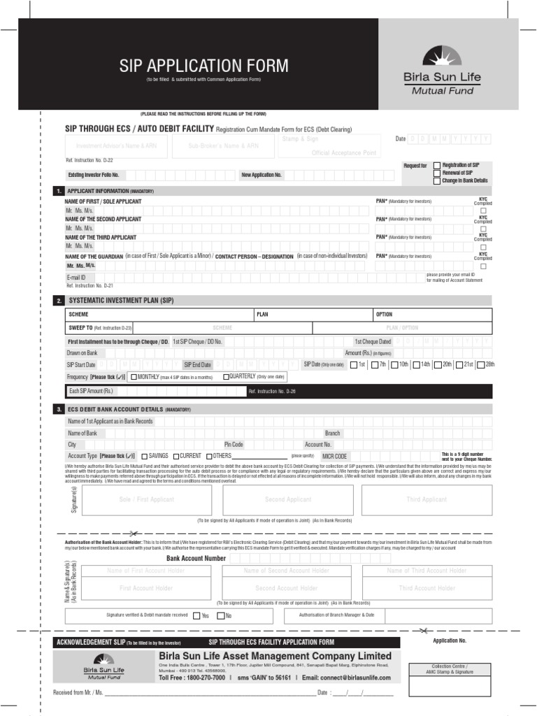Sip Application Form: Sip Through Ecs / Auto Debit Facility | PDF ...