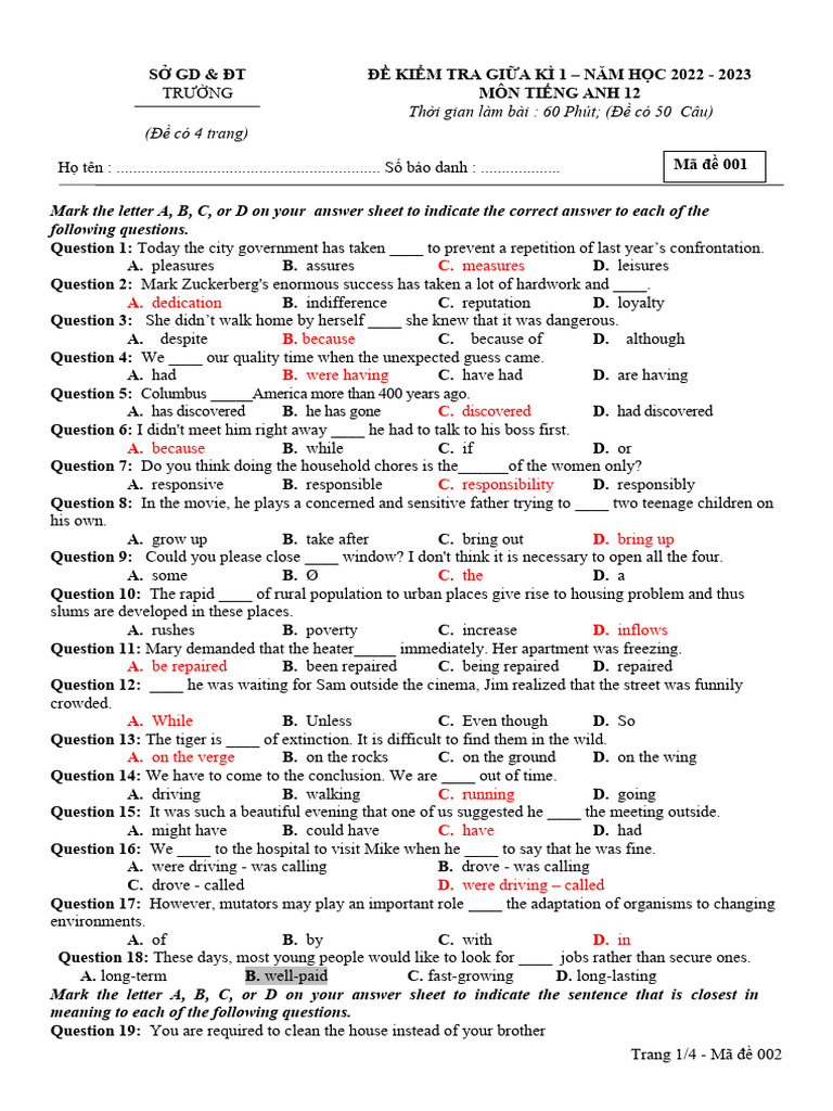 Đề luyện 12 (có units 123) | PDF