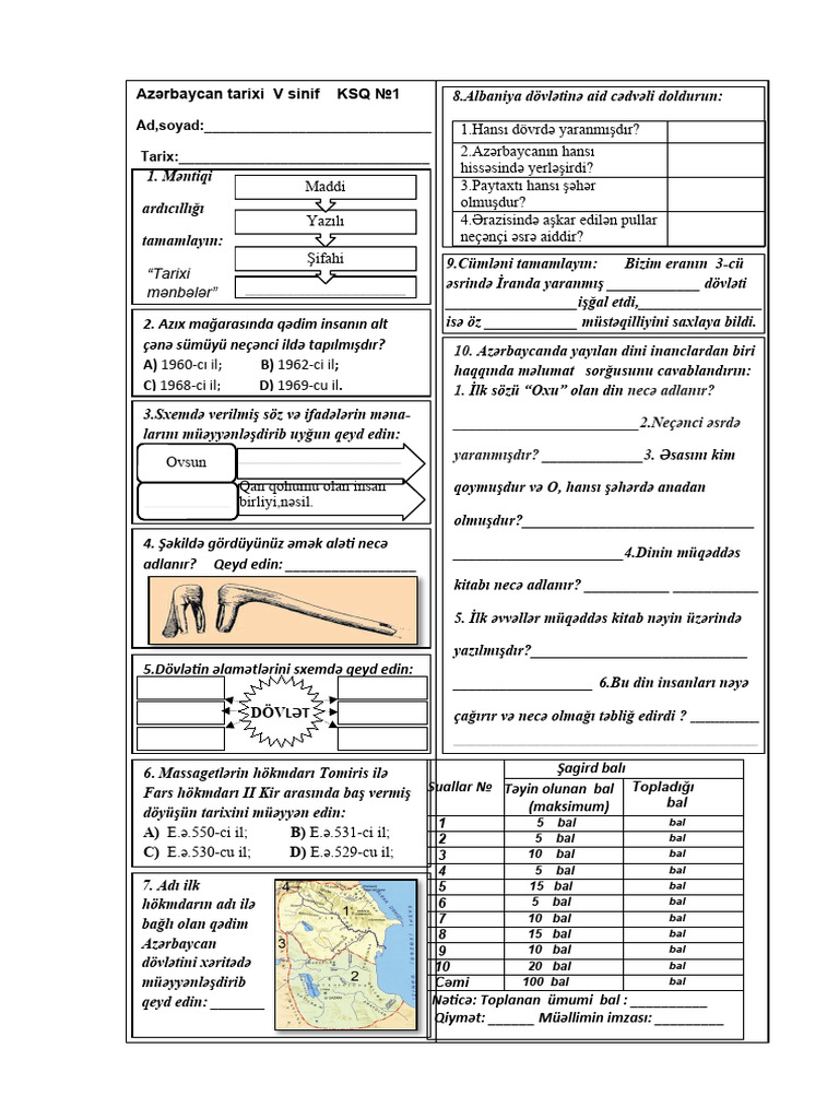 Azərbaycan Tarixi V Sinif KSQ 1 | PDF