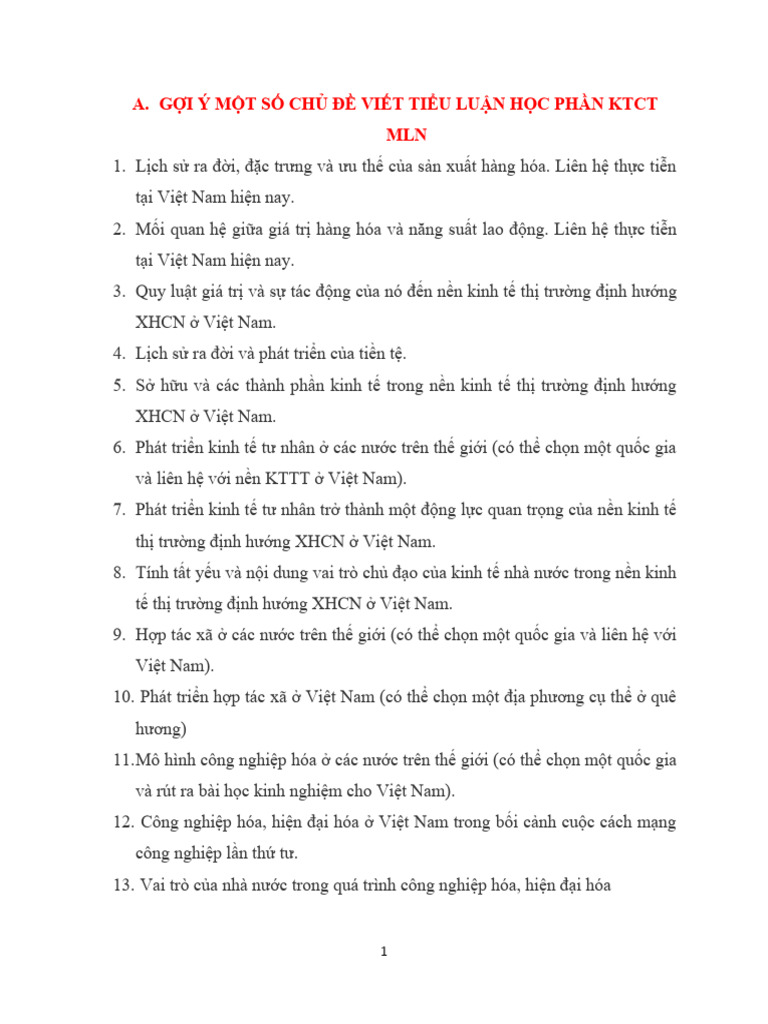 GỢI Ý VÀ HƯỚNG DẪN VIẾT TIỂU LUẬN HỌC PHẦN KTCT MLN | PDF