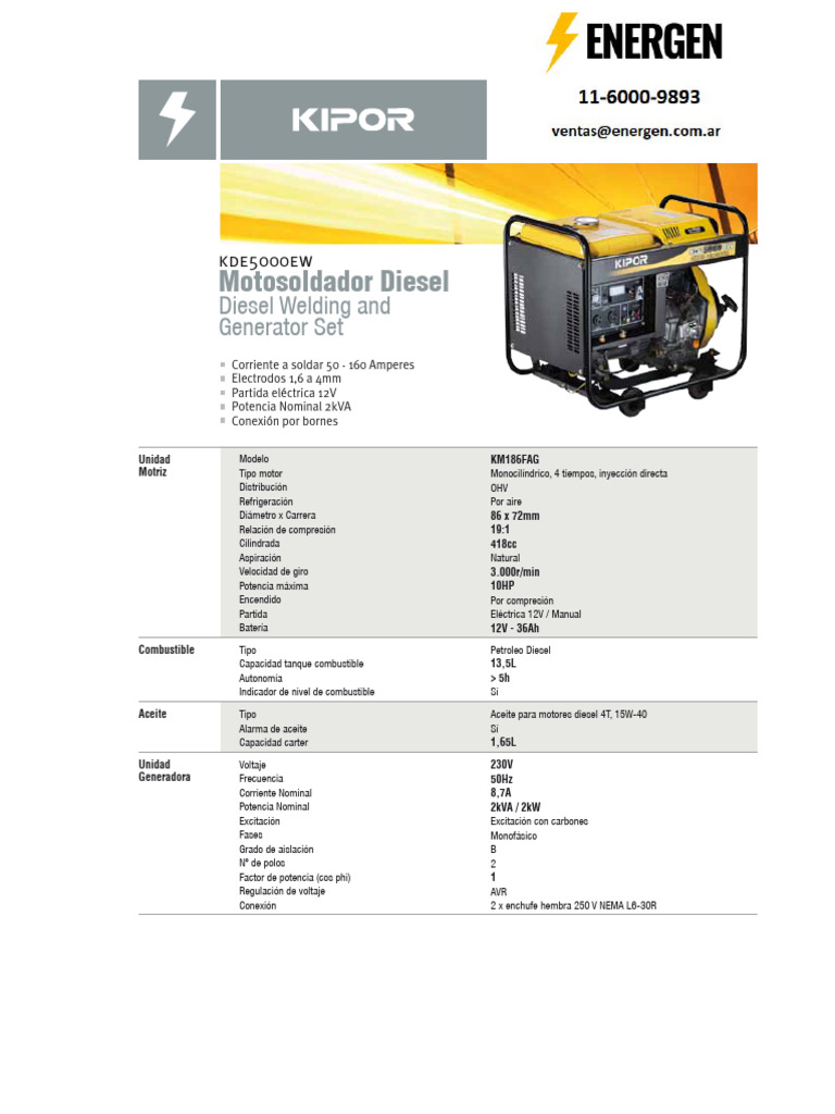 Ficha Tecnica Motosoldador Kipor Kde5000ew | PDF