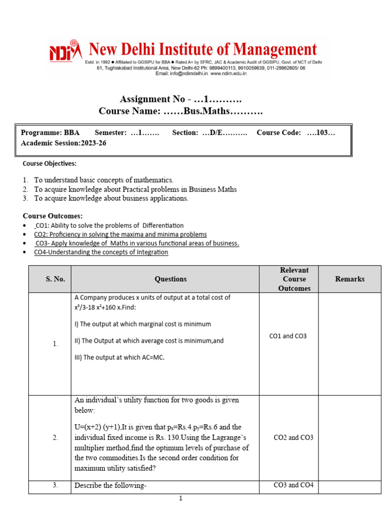 Bus - Maths ASSIGNMENT2-2023 | PDF | Mathematics | Mathematical Optimization