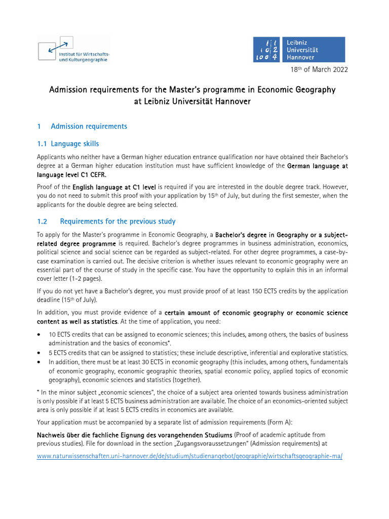 Handout Admission Requirements Master EconGeo2022 | PDF