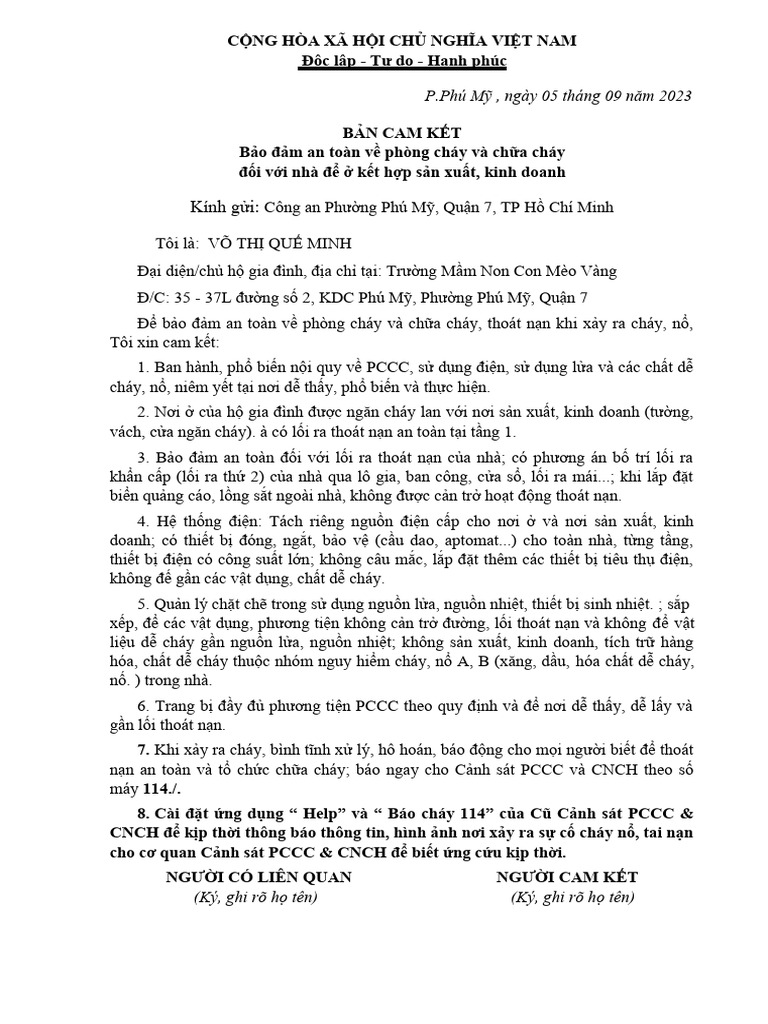 Bản Cam Kết Pccc | PDF