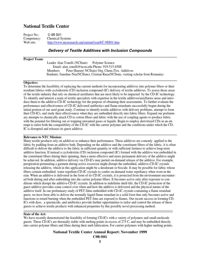 National Textile Center: Delivery of Textile Additives With Inclusion ...