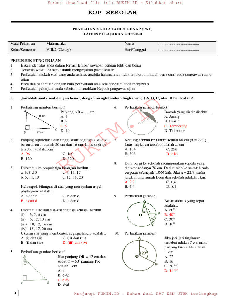 RUKIM - ID - Jawaban PAT Matematika Kelas 8 Tahun 2020 | PDF