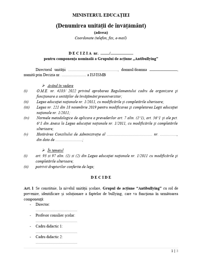 Decizie Numire Grup de Actiune Antibullying | PDF