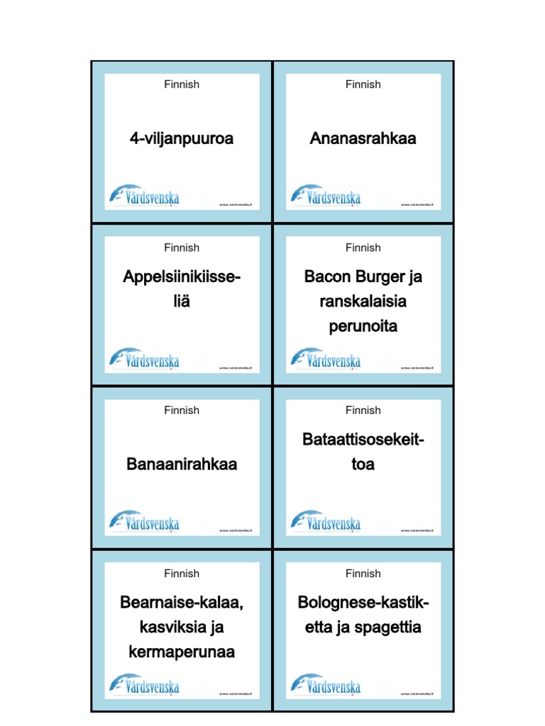 Finnish Food Flashcards (Finnish) | PDF