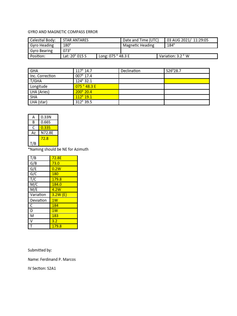 Star Calculation by Gyro and Magnetic Compass Error Exercise | PDF