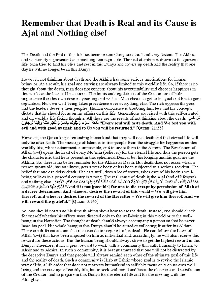 Remember That Death Is Real and Its Cause Is Ajal and Nothing Else | PDF