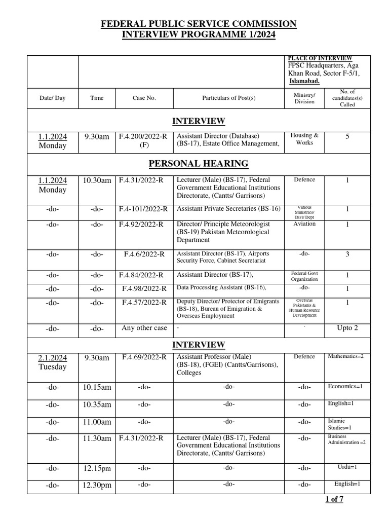 FPSC Interview Schedule for Emigrants | PDF