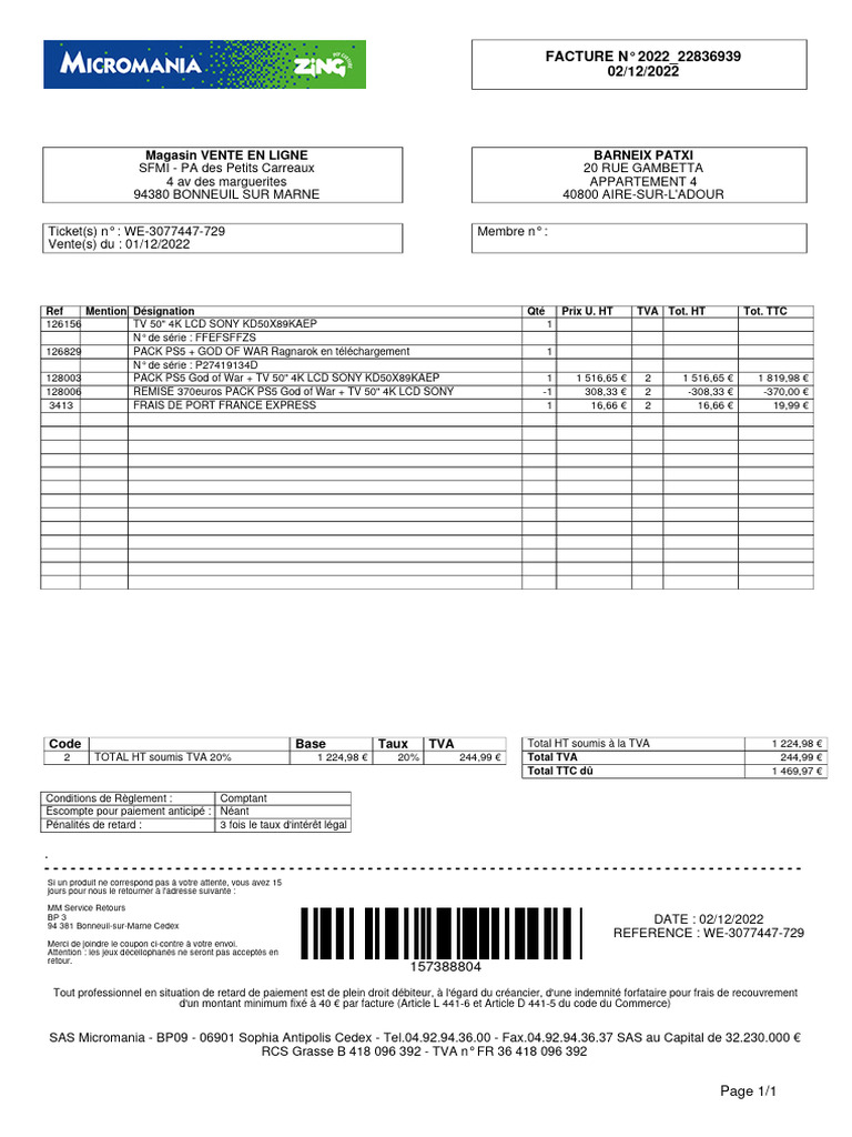 Facture Achat Pack PS5 + TV 4K | PDF