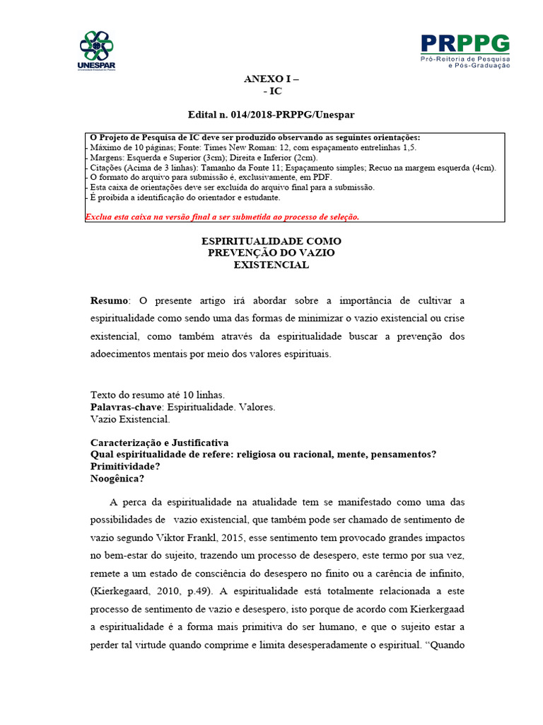 Anexo I Modelo De Projeto De Pesquisa De Iniciação Científica Ic