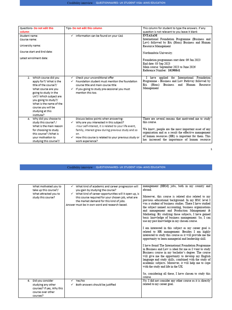INTASAM, Northumbria Interview Sheets Prepared by AA | PDF | Human Resource Management ...