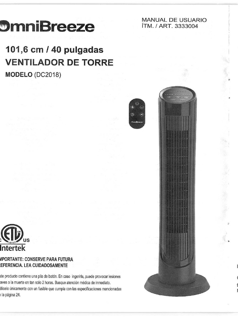OmniBreeze Tower Fan Model DC2018 Owner's Manual (ES) | PDF