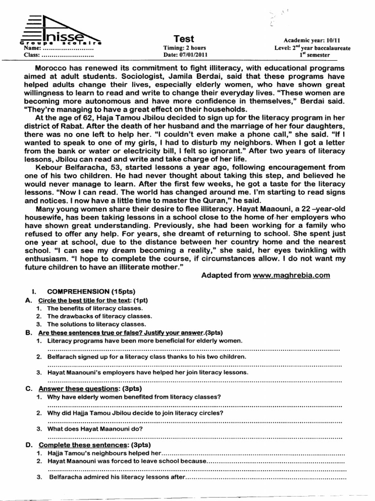 Test 3 Model 9 English 2 Bac First Term | PDF