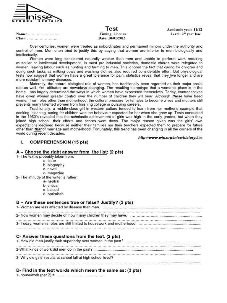 Test 3 Model 8 English 2 Bac First Term | PDF | Gender Role | Mother