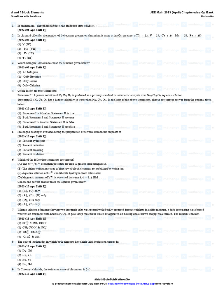 D and F Block Elements - JEE Main 2023 April Chapterwise PYQ - MathonGo ...