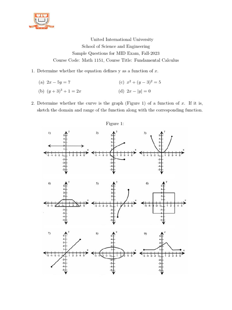 Math 1151 Sample Questions For MID Exam Fall 2023 | PDF | Teaching Methods & Materials | Science ...