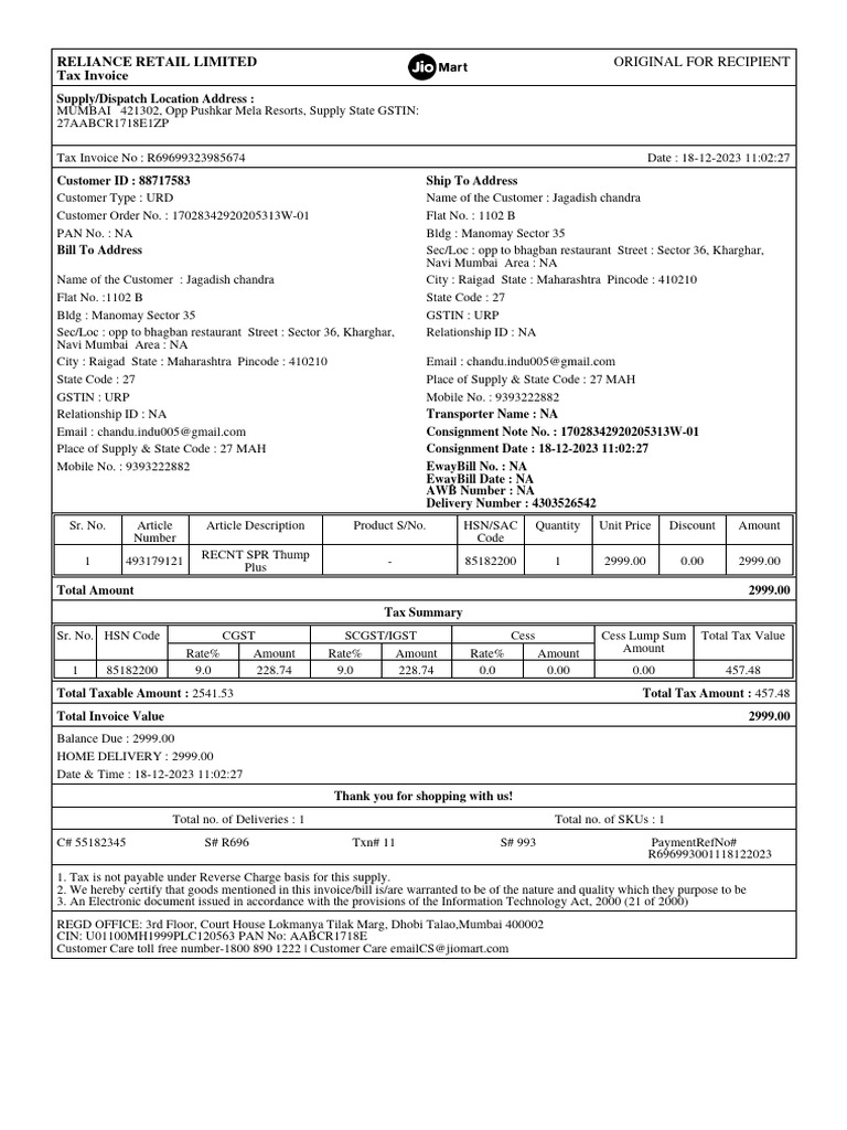 Reliance Retail Limited Tax Invoice: Original For Recipient | PDF