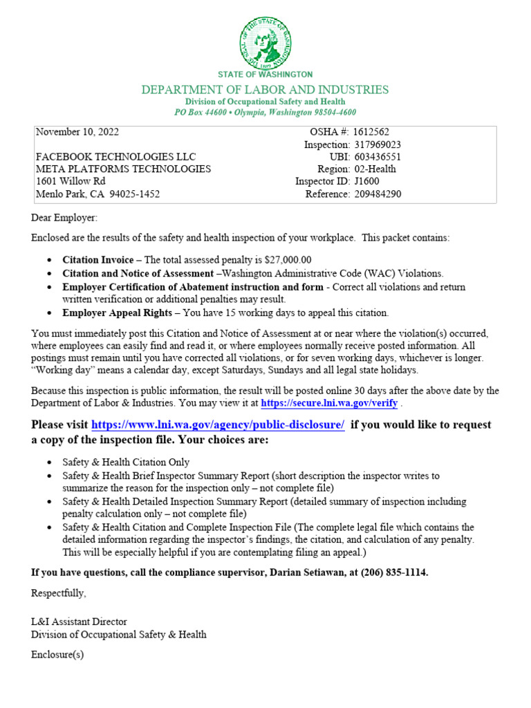 OSHA Inspection Results for Meta Platforms | PDF | Technology & Engineering