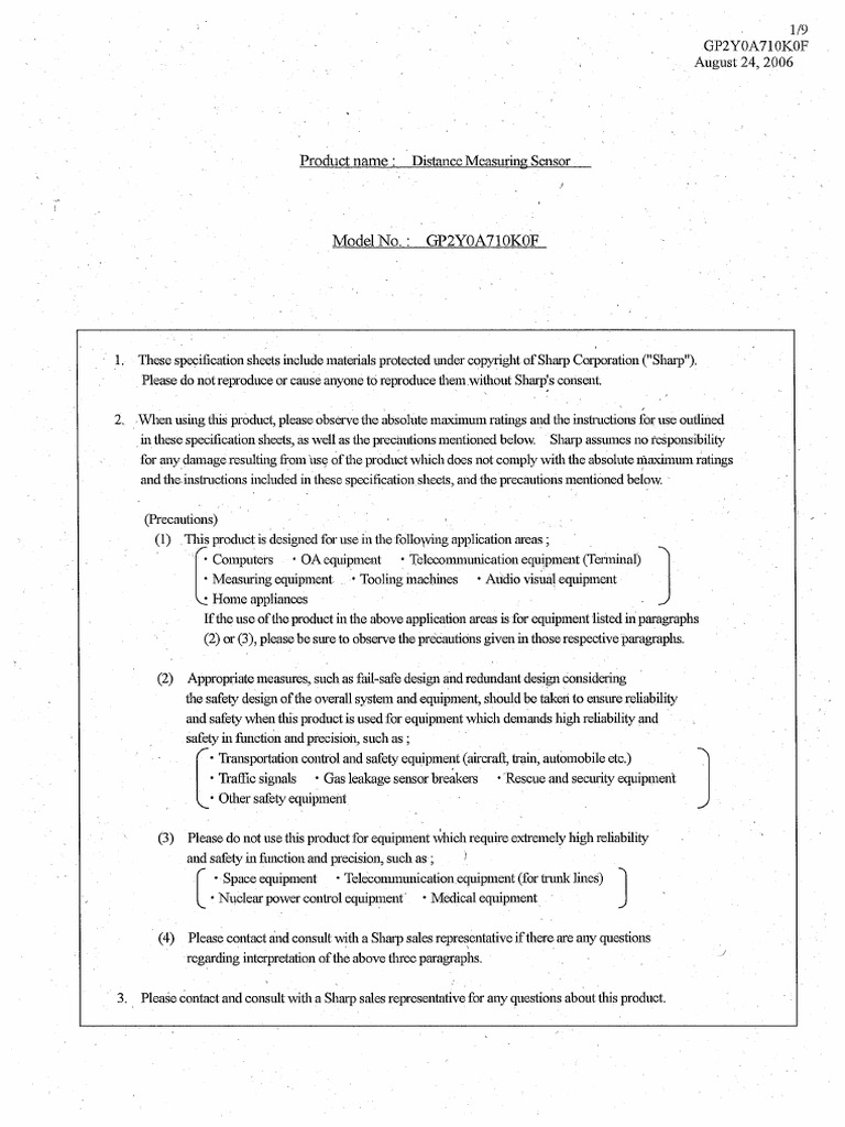 Datasheet 504597 Sharp Gp2y0a710k0f Distance Sensor | PDF