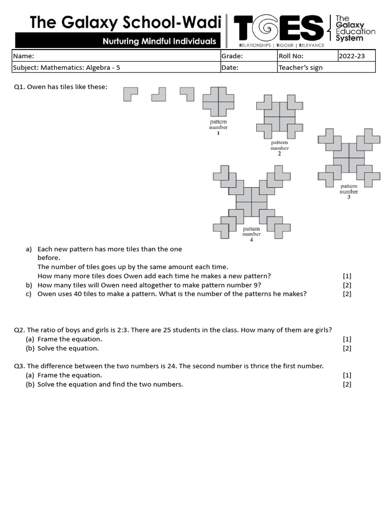 Algebra Questions for Grade 5 Students | PDF