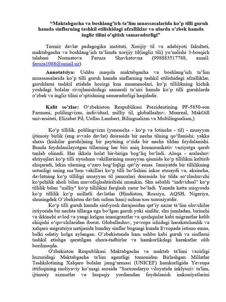 Normatova Feruza Maqola 2023 | PDF