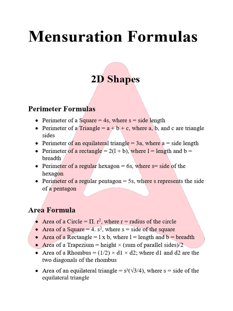 Mensuration Formulas | PDF