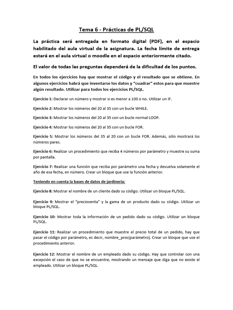 BBDD - Tema 6 - Prácticas PL-SQL | PDF