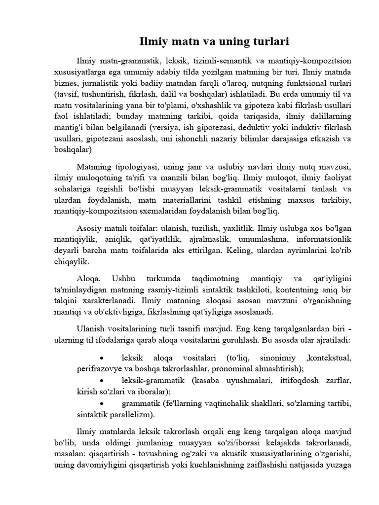 Ilmiy Matn Va Uning Turlari | PDF