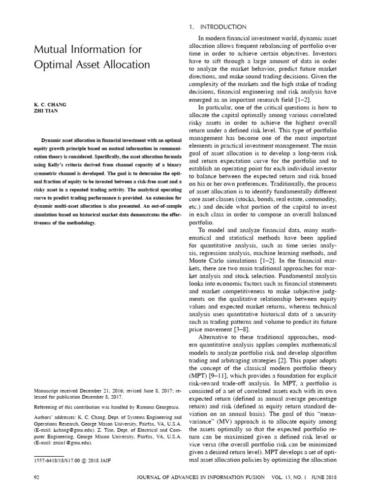 Mutual Information For Optimal Asset Allocation | PDF Mutual Information For Optimal Asset Allocation | PDF
