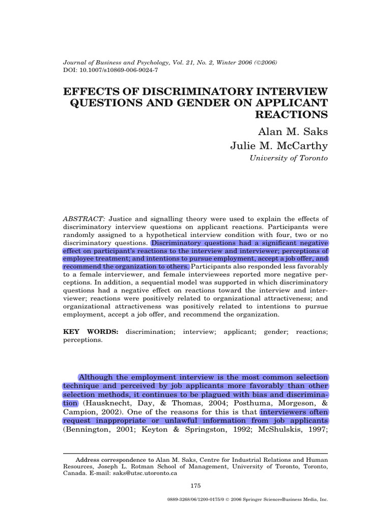 Effects of Discriminatory Interview Questions and Gender On Applicant ...