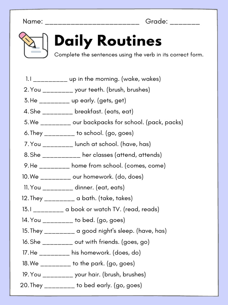 Daily Routines Fill in The Blanks Writing Activity Worksheet | PDF ...