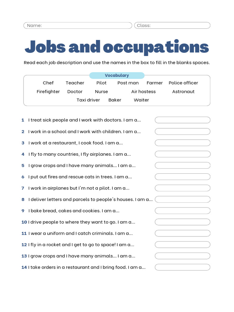 Blue White Simple Jobs and Occupations Worksheet | PDF
