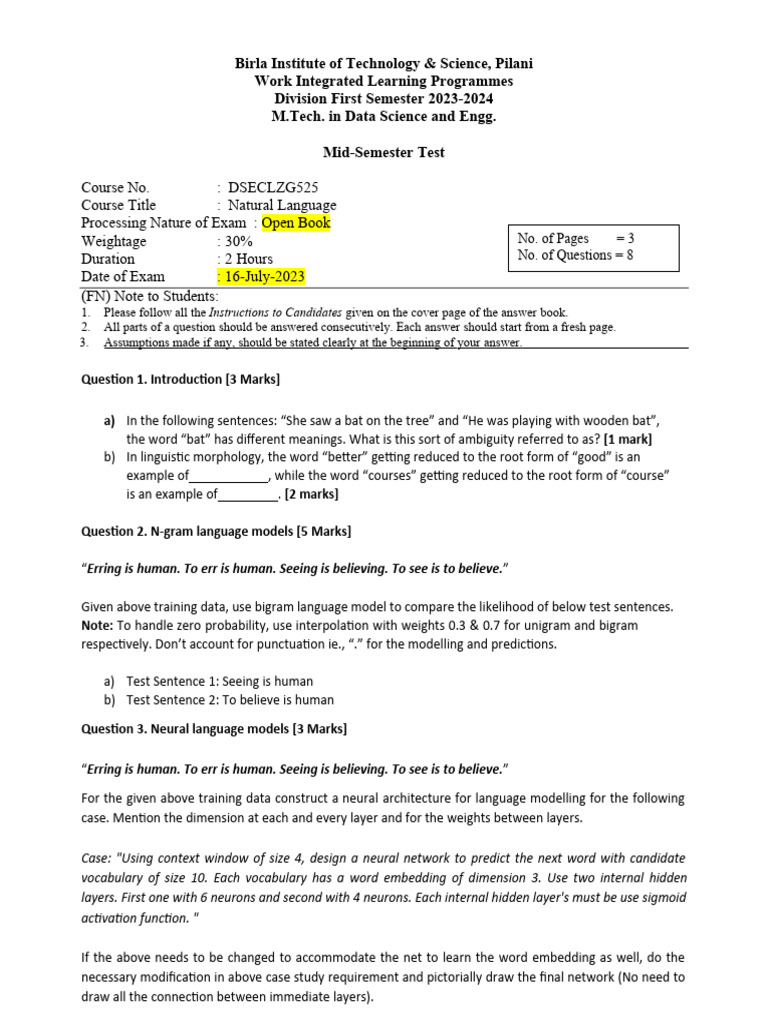 NLP Midsem Paper July 2023 Exam | PDF