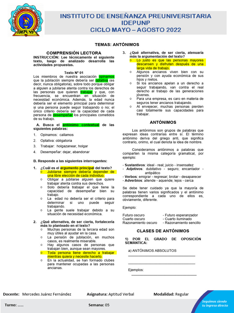 Antónimos y Comprensión Lectora en Aptitud Verbal | PDF
