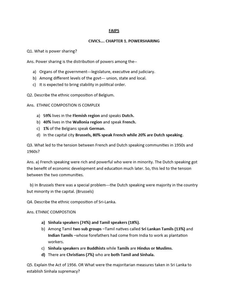 Chapter 1 Civics - Power Sharing | PDF | Separation Of Powers | Democracy