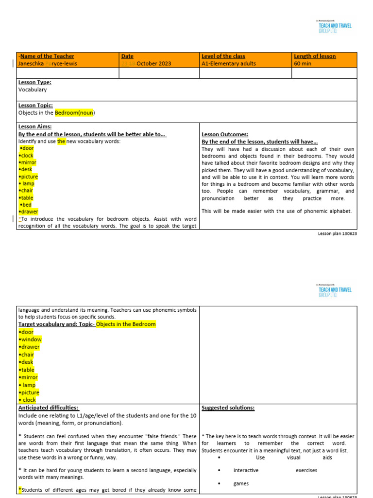 Vocabulary Lesson: Bedroom Objects | PDF | Language Arts & Discipline ...