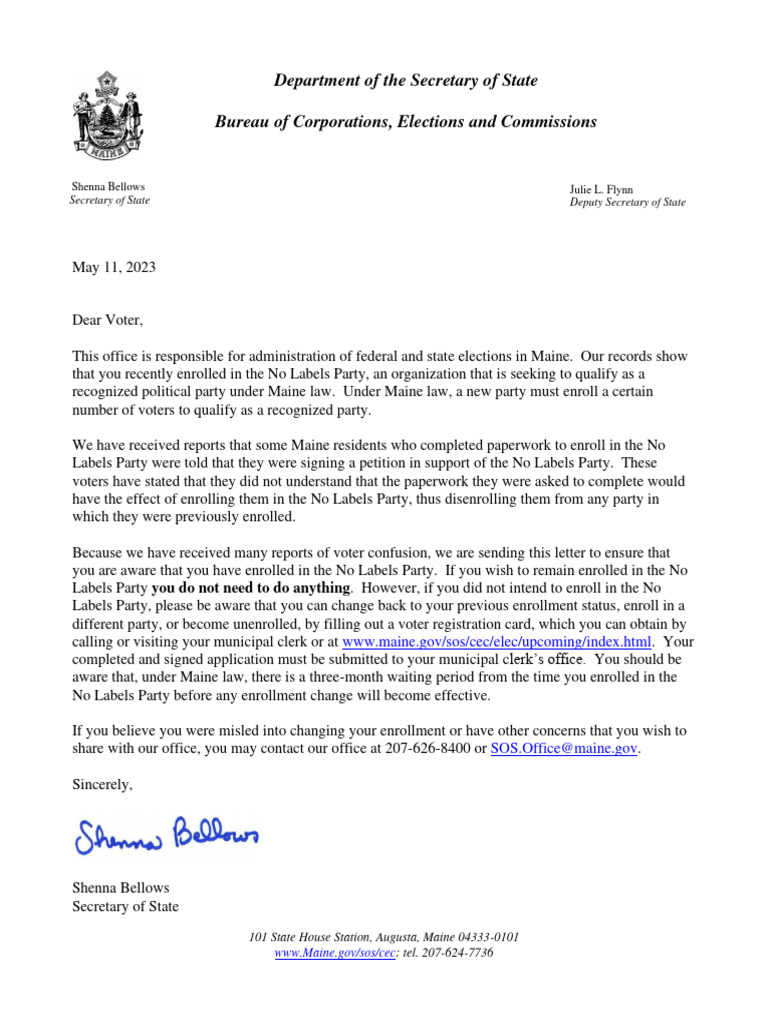 Maine Voter Enrollment Notice: No Labels Party | PDF | Politics | Law